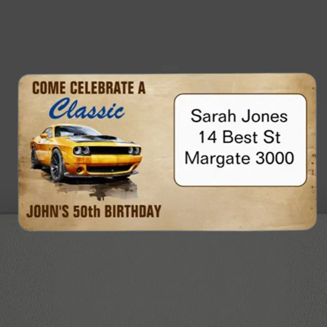 50 Birthday Classic Yellow Muscle Car Label | Zazzle