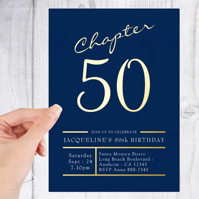 50 Blue 50th Birthday Party Gold Foil Invitation | Zazzle
