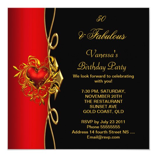 50 And Fabulous 50th Birthday Red Gold Hearts Invitation