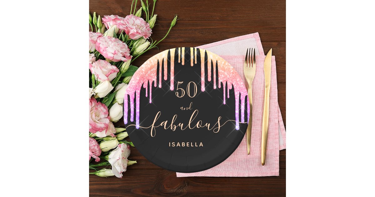 50 fabulous birthday black rainbow glitter sparkle paper plates | Zazzle