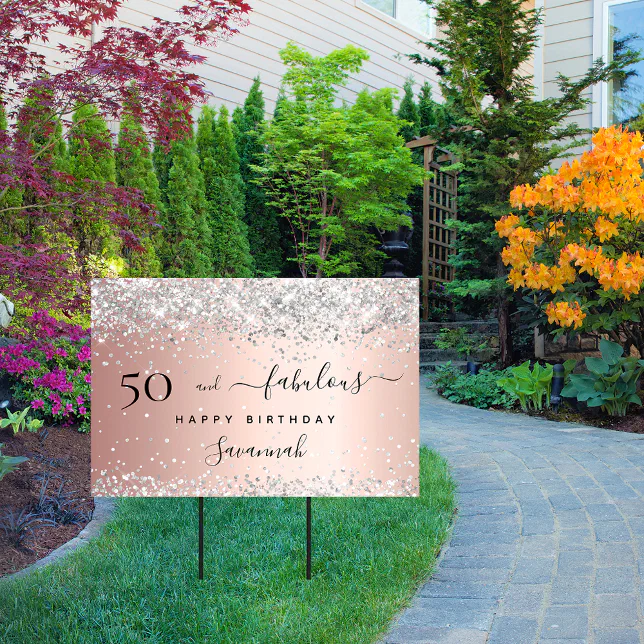 50 Fabulous birthday rose gold silver glitter glam Sign | Zazzle