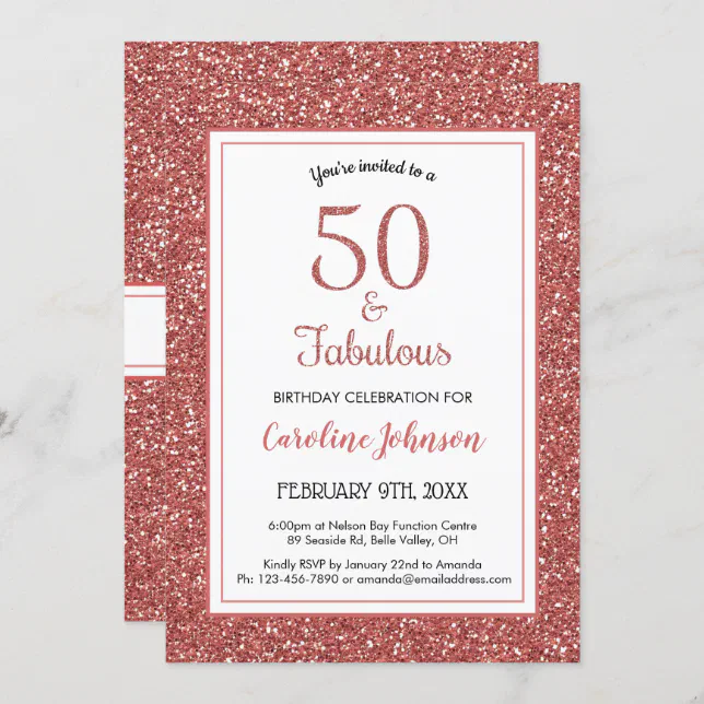 50 And Fabulous Birthday Sparkly Rose Gold Glitter Invitation Zazzle