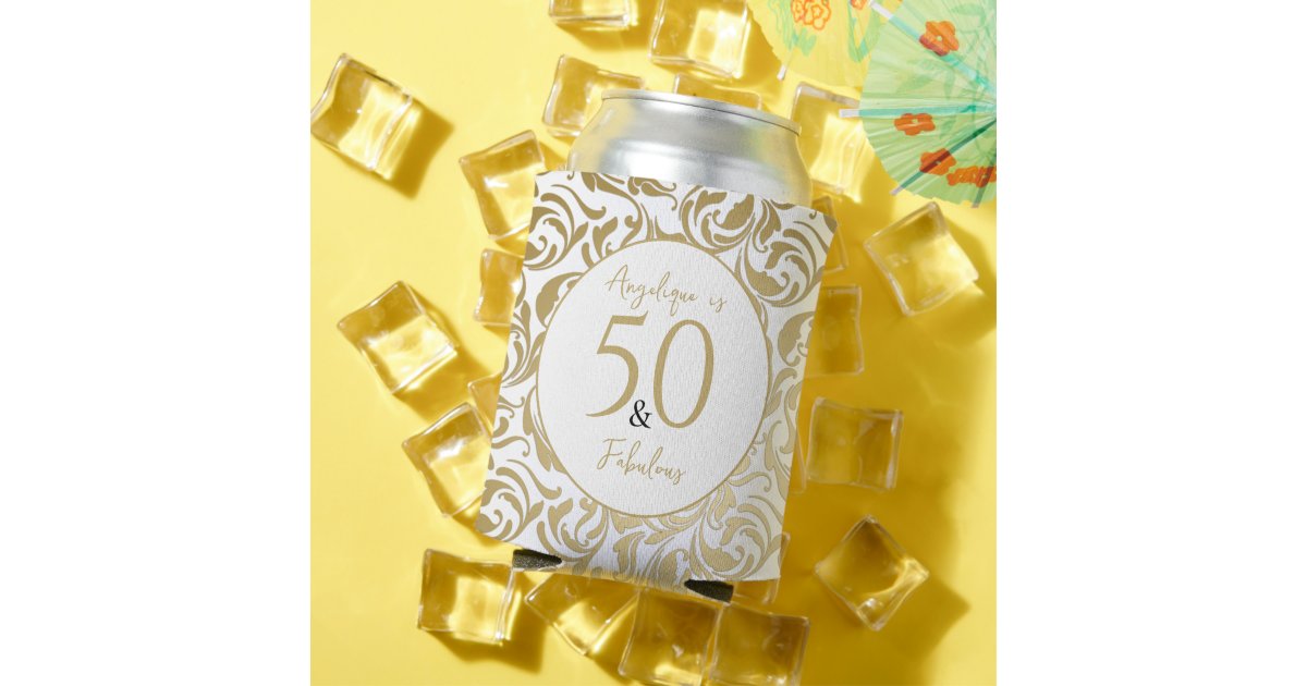 50 & Fabulous Decorative Gold Floral Swirl Pattern Can Cooler | Zazzle
