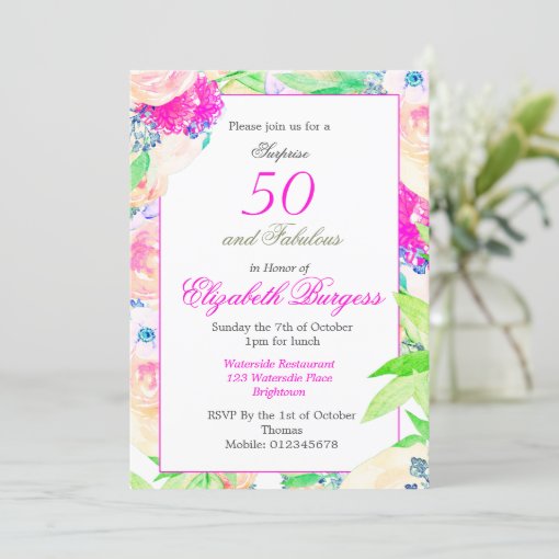 50 Fabulous Floral Rose Pink Chic Birthday Invitation | Zazzle