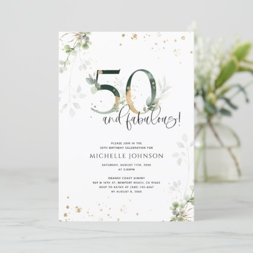 50 & Fabulous Green Gold Botanical Birthday Invitation | Zazzle