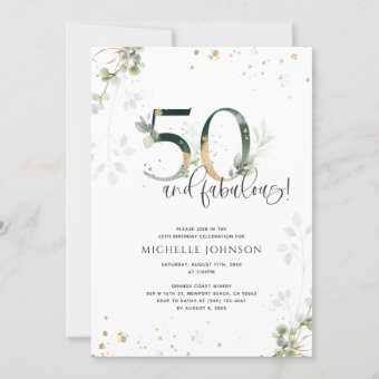 50 & Fabulous Green Gold Botanical Birthday Invitation | Zazzle