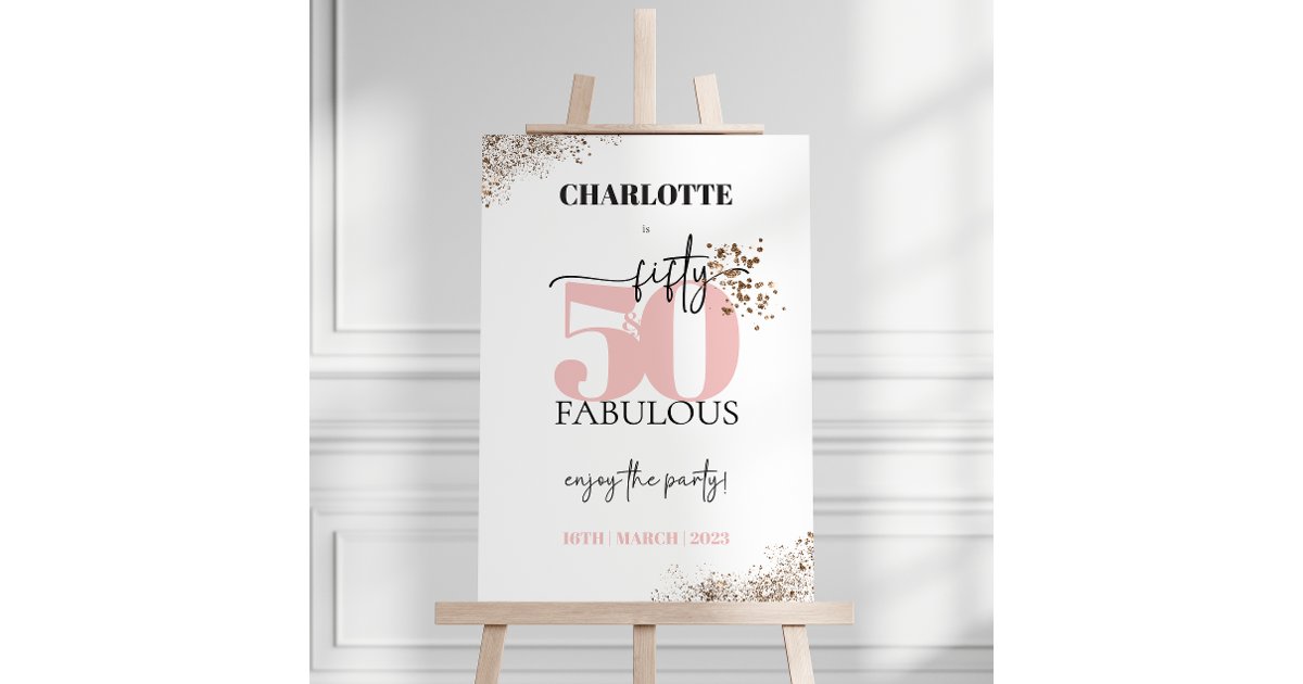 "50 & Fabulous" Minimal Pink and Black Glitter Foam Board | Zazzle