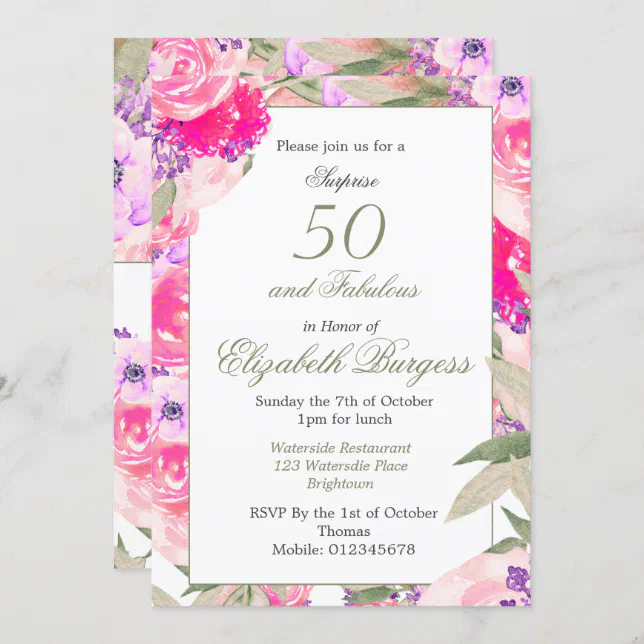 50 Fabulous Pink Floral Rose Chic Birthday Invitation | Zazzle
