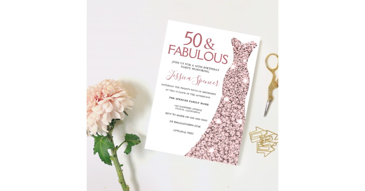 50 And Fabulous Rose Gold Dress 50th Birthday Party Invitation Zazzle