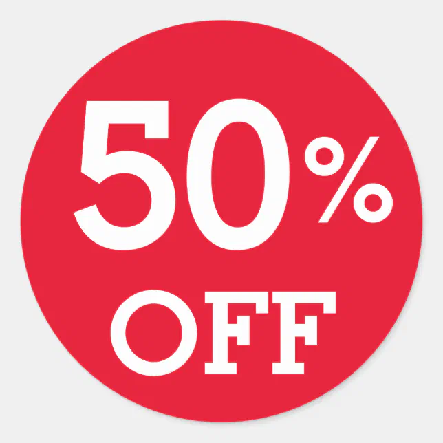 50% Fifty Percent OFF discount sale white and red Classic Round Sticker ...