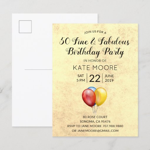 50 Fine Fabulous Birthday Invitation Postcard | Zazzle