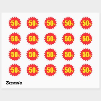 50 percent sale discount stickers, white and red classic round sticker ...