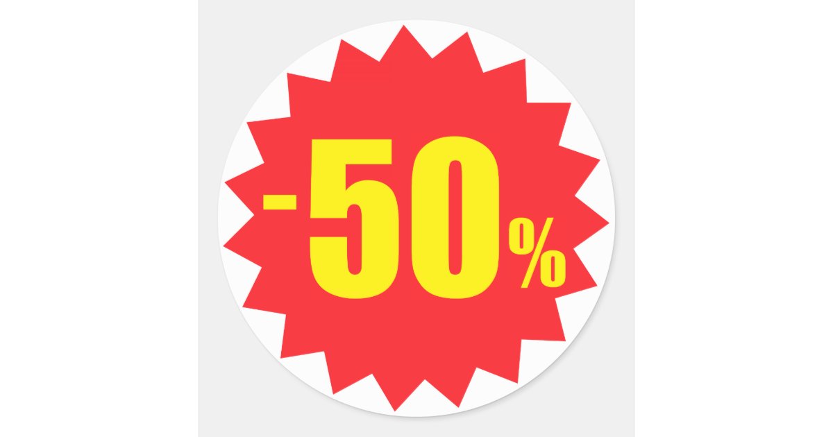 50 percent sale discount stickers, white and red classic round sticker ...