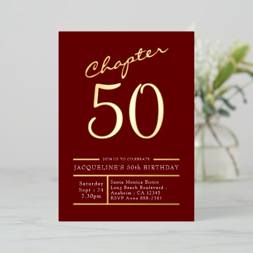 50 Red 50th Birthday Party Gold Foil Invitation | Zazzle
