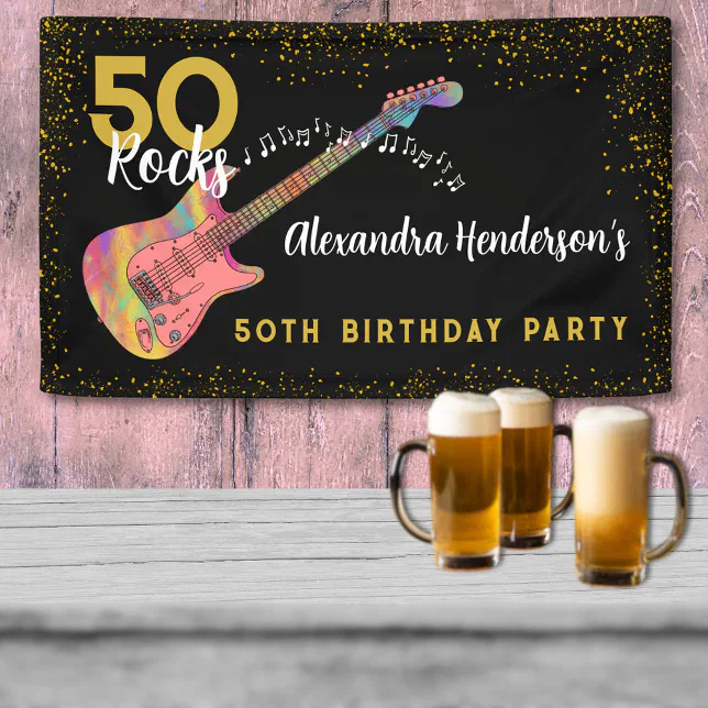 50 Rocks 50th Birthday Party Pink Black Gold Banner | Zazzle