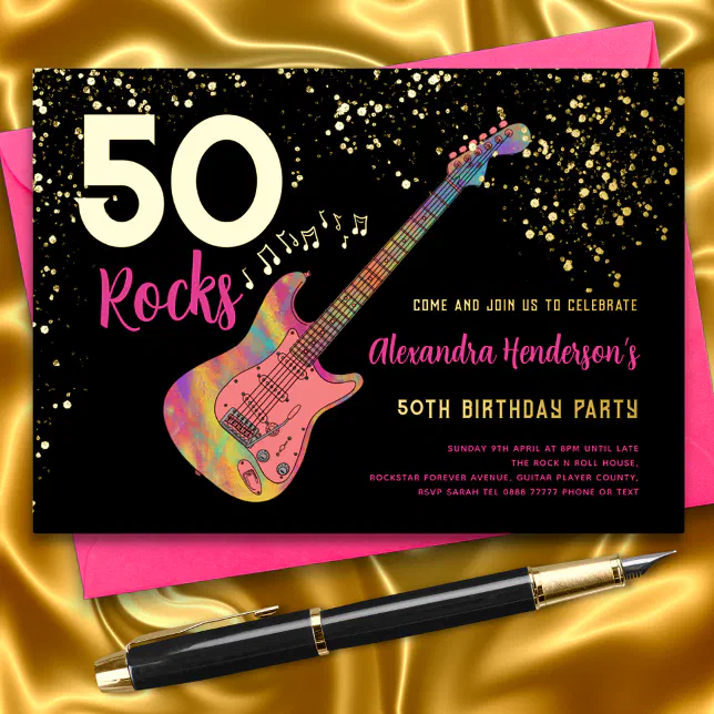 50 Rocks 50th Birthday Party Pink Black Gold Foil Invitation | Zazzle