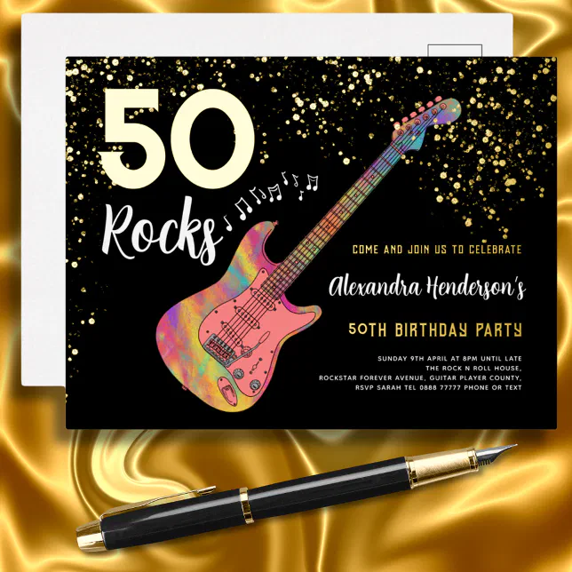 50 Rocks 50th Birthday Party Pink Black Gold Foil Invitation Postcard ...