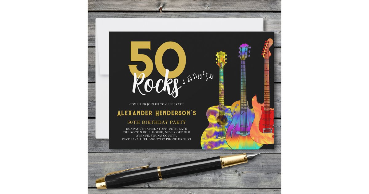 50 Rocks Birthday Party Guitars Invitation | Zazzle