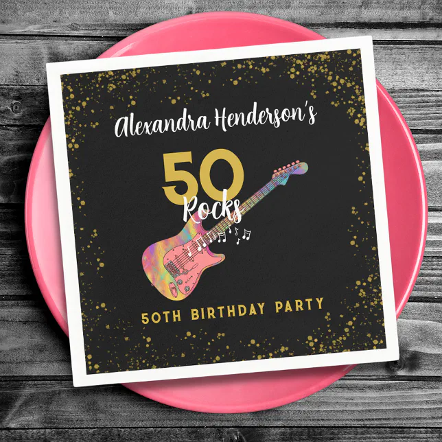 50 Rocks Birthday Party Pink Black Gold Napkins | Zazzle