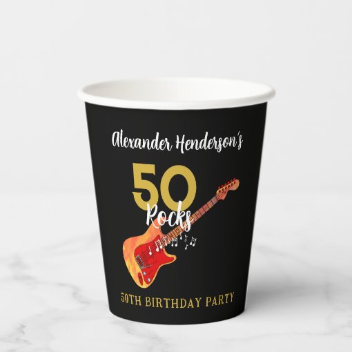 50 Rocks Cool Guitar 50th Birthday Party Paper Cups | Zazzle