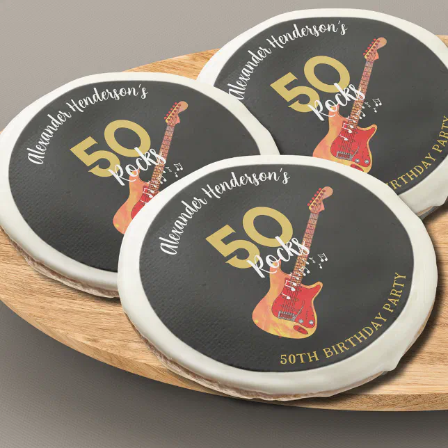 50 Rocks Cool Guitar 50th Birthday Party Sugar Cookie | Zazzle