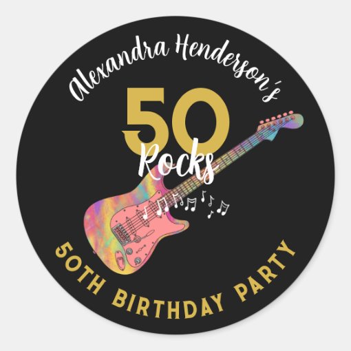 50 Rocks Pink Guitar 50th Birthday Party Gold Classic Round Sticker ...