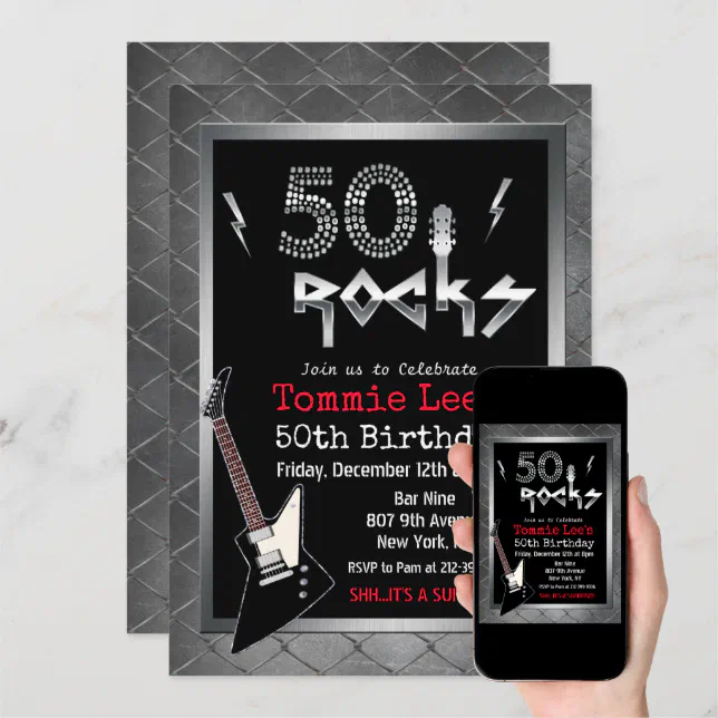 50 Rocks Rockstar Guitar 50th Birthday Invitation | Zazzle
