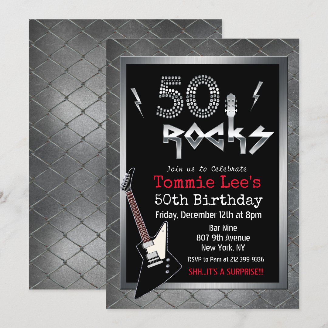 50 Rocks Rockstar Guitar 50th Birthday Invitation | Zazzle