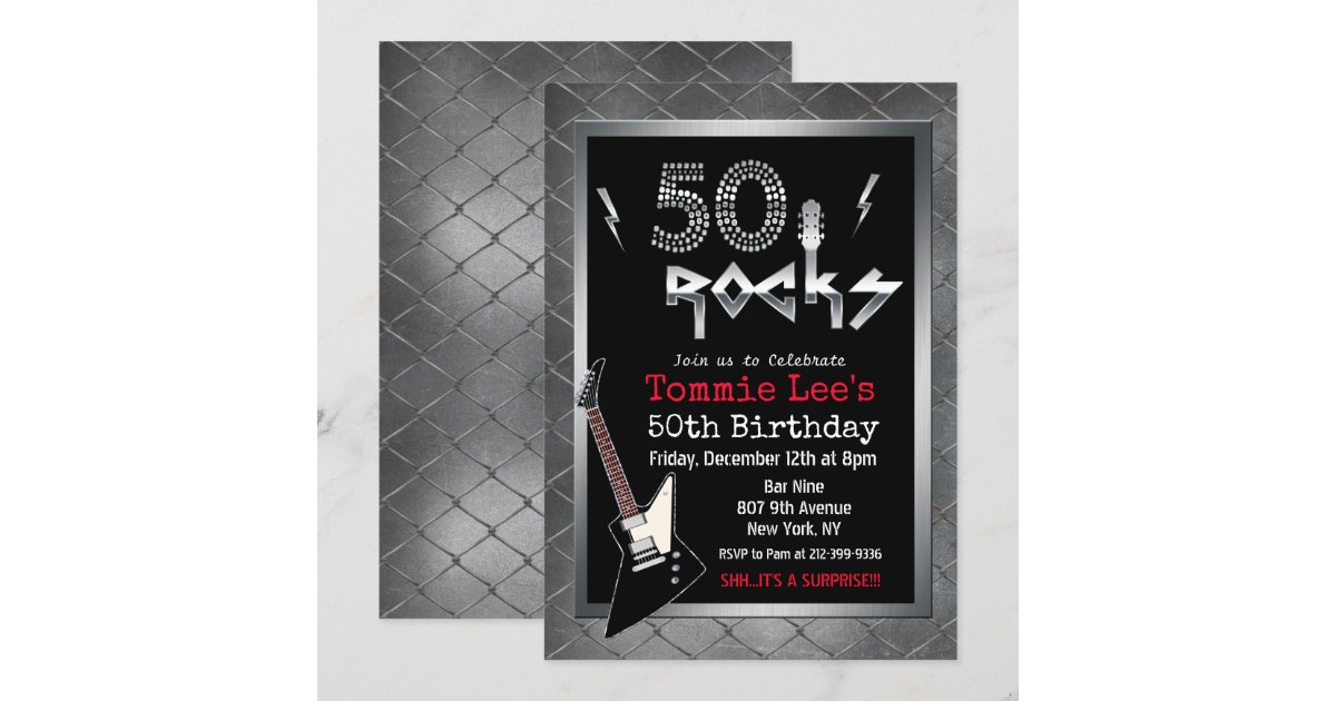 50 Rocks Rockstar Guitar 50th Birthday Invitation | Zazzle