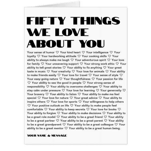 50 things we love about you template Big Jumbo Card | Zazzle
