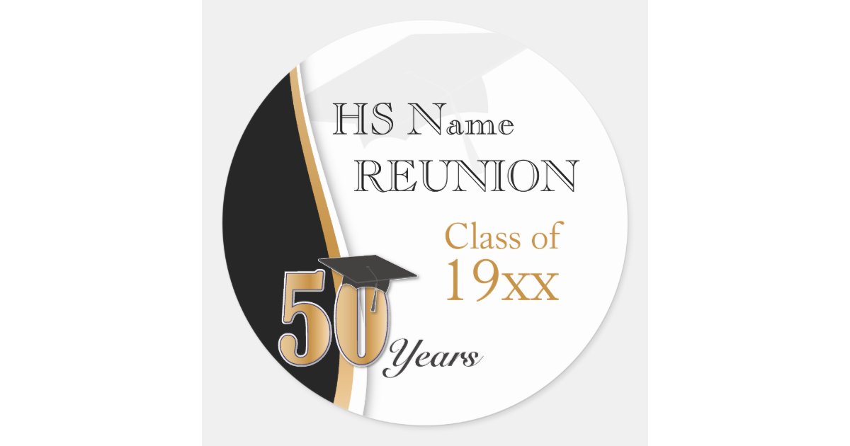 50 Year Class Reunion in Gold and Black Classic Round Sticker | Zazzle
