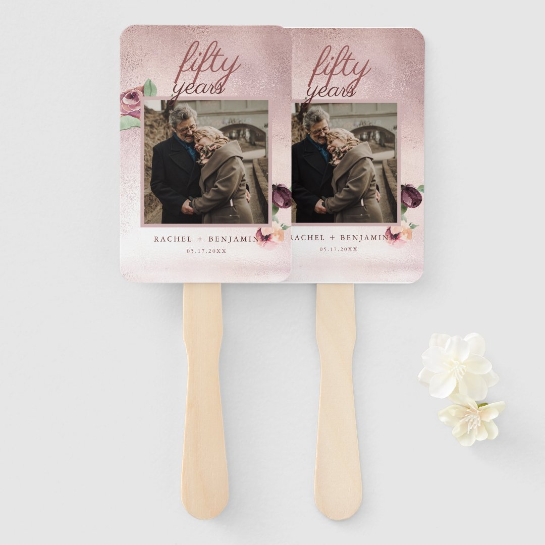 50 Year Wedding Anniversary Rose Gold Glitter Hand Fan | Zazzle