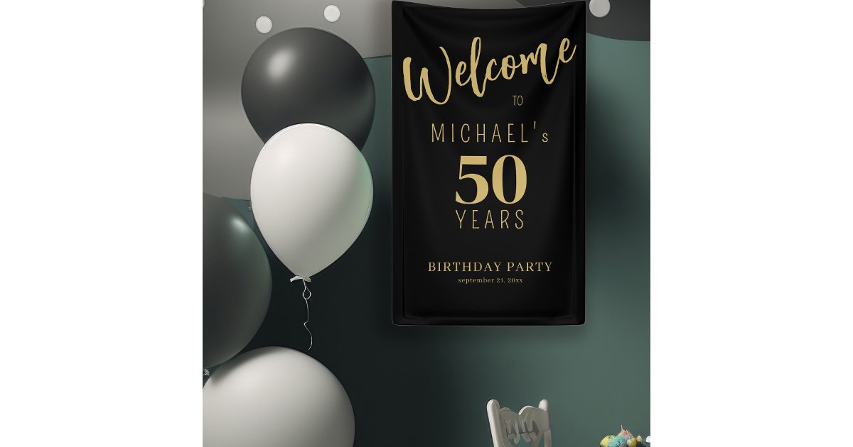 50 years birthday name personalized black gold banner | Zazzle