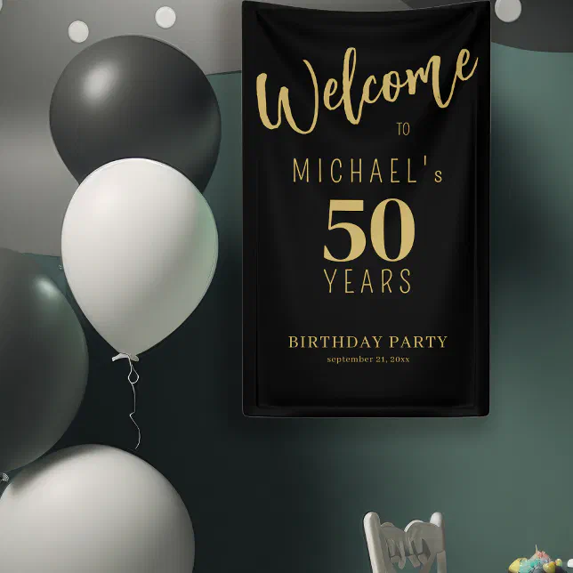 50 years birthday name personalized black gold banner | Zazzle