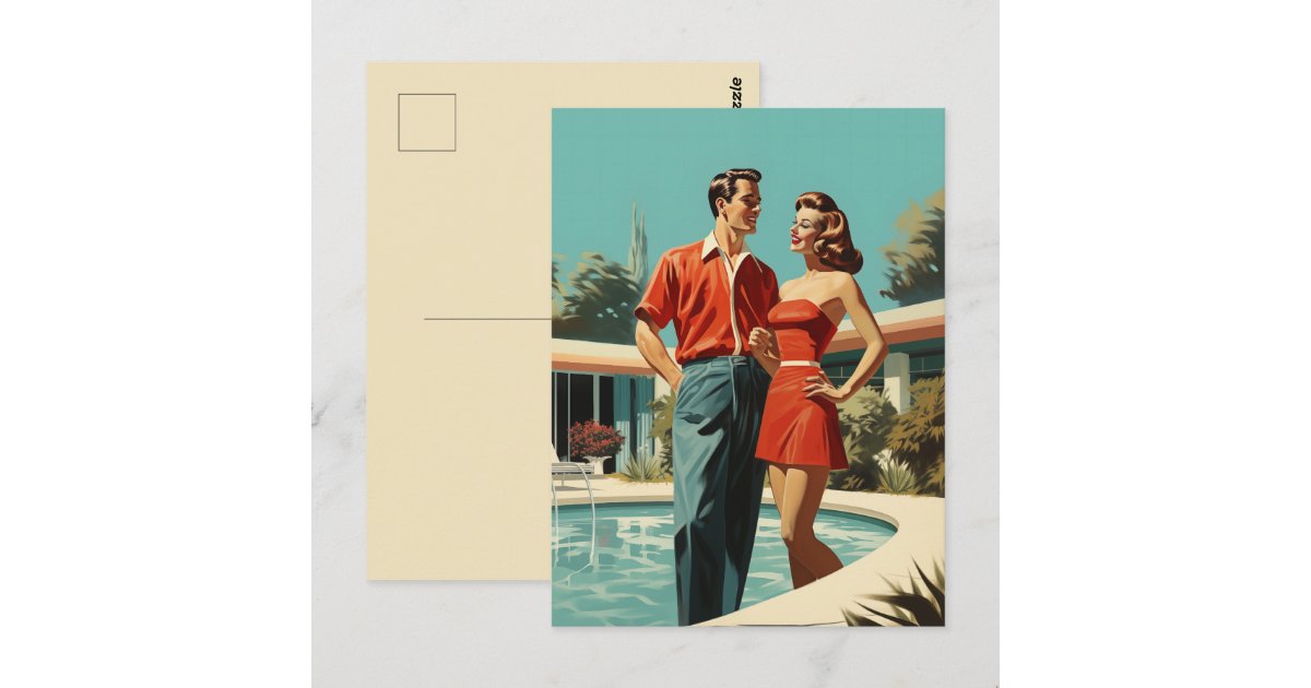 50s Couple By The Pool Postcard | Zazzle