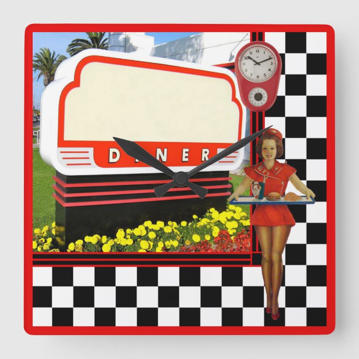 50s Retro Diner Blank Sign Square Wall Clock | Zazzle
