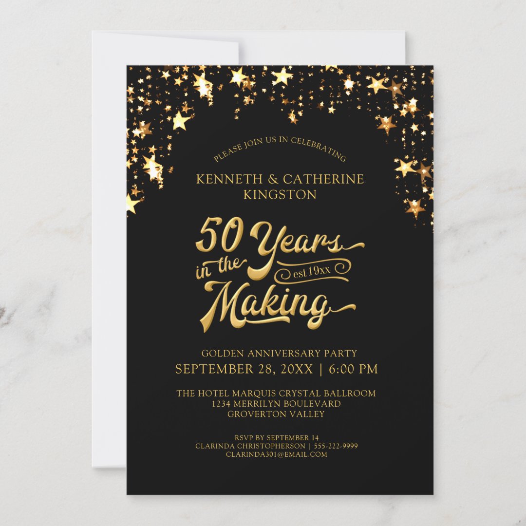 50th Anniversary Black & Gold Stars 50 YEARS Invitation | Zazzle