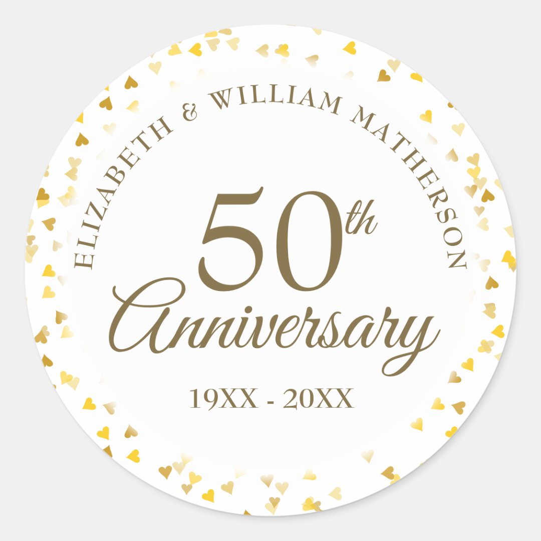 50th Anniversary Elegant Golden Hearts Confetti Classic Round Sticker ...