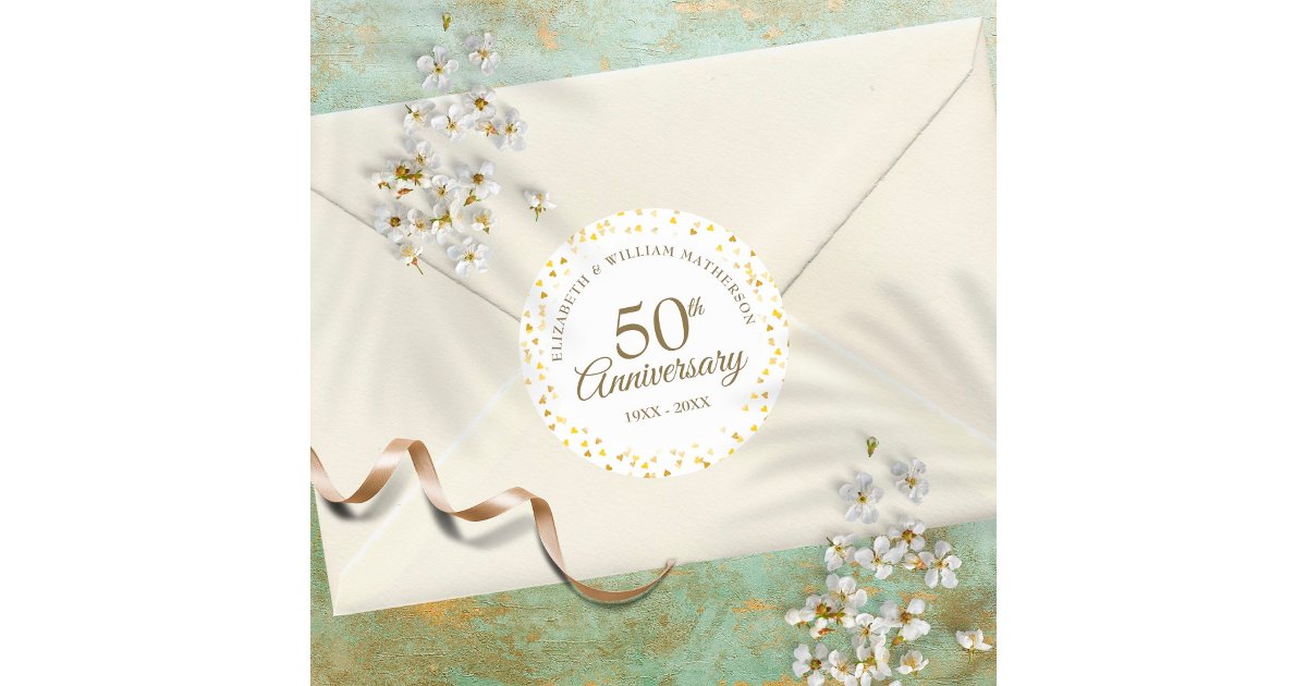 50th Anniversary Elegant Golden Hearts Confetti Classic Round Sticker ...