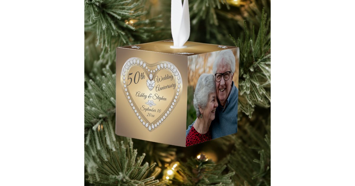 50th Anniversary Gold Diamonds Photo Keepsake Cube Ornament | Zazzle