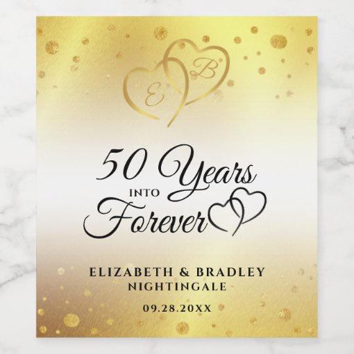 50th Anniversary Gold Hearts 50 YEARS INTO FOREVER Wine Label | Zazzle