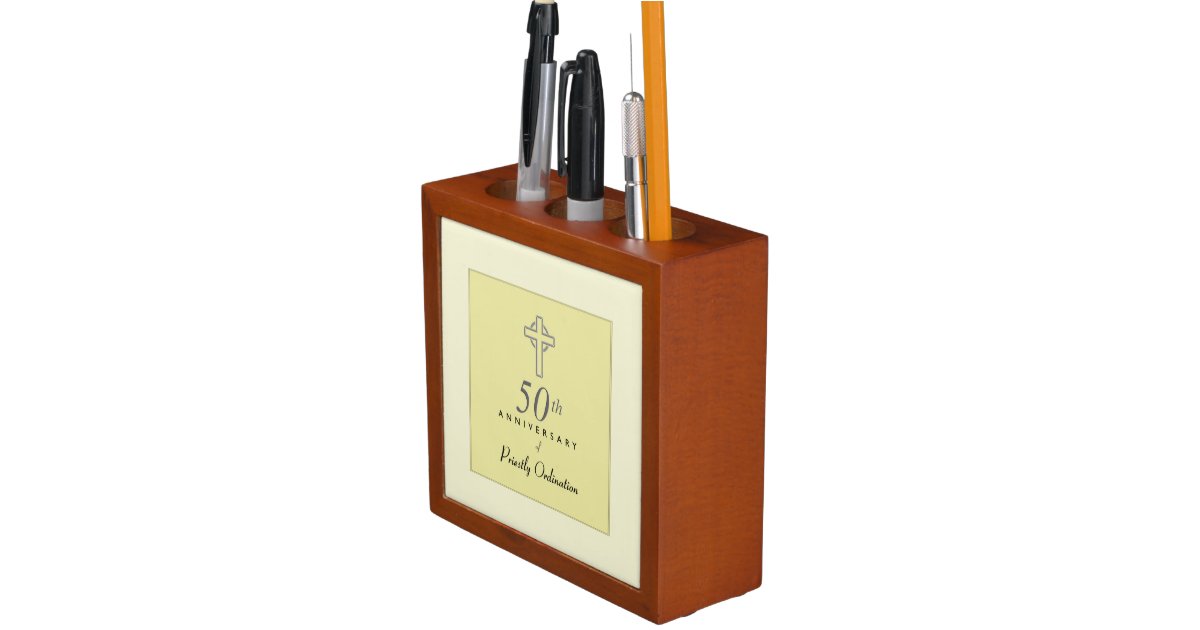 50th Anniversary of Priest with Embossed Cross Desk Organizer | Zazzle