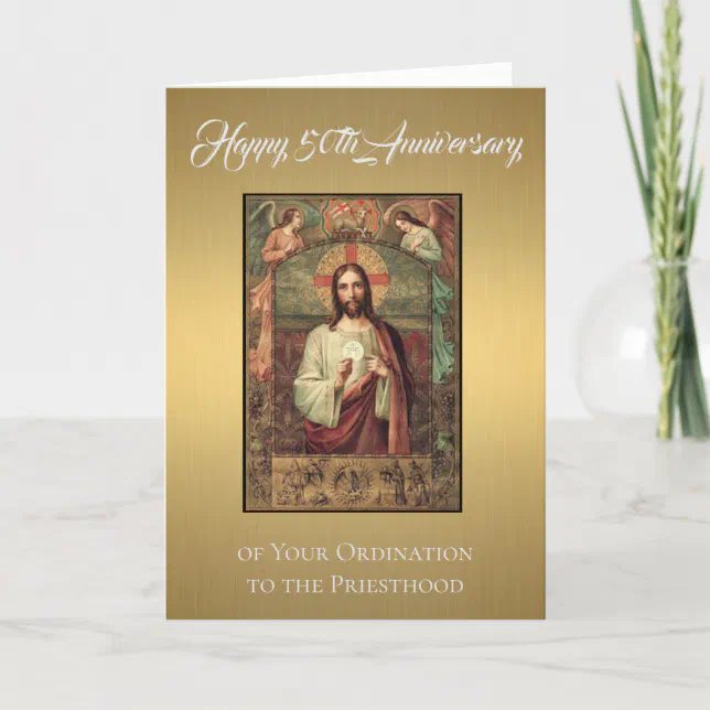 50th Anniversary Ordination Jesus Eucharist Holiday Card | Zazzle