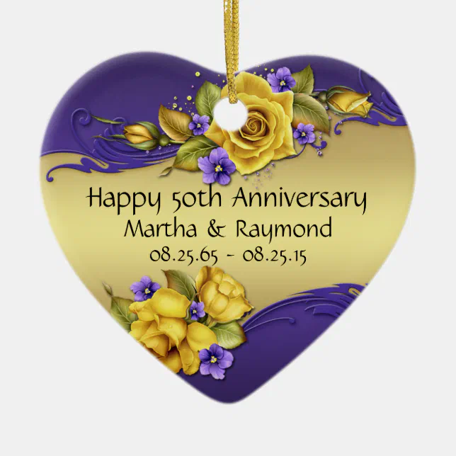 50th Anniversary Photo Yellow Roses Purple Pansies Ceramic Ornament ...