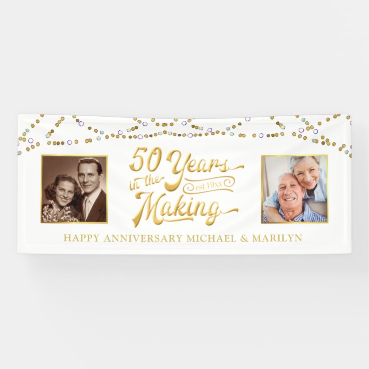 50th Anniversary Then & Now Photos 50 YEARS Gold Banner | Zazzle