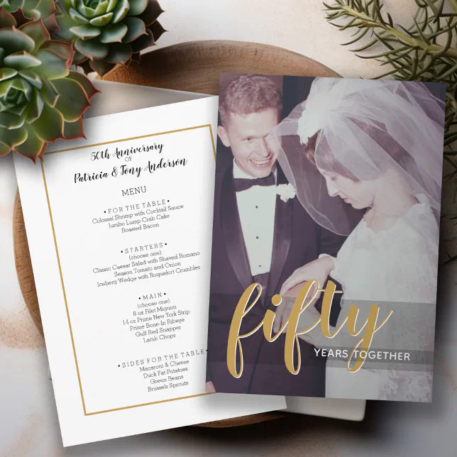 50th Anniversary with Photo on Back - Dinner Menu | Zazzle
