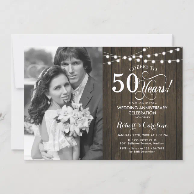 50th Anniversary with Photo - Rustic Wood Invitation | Zazzle