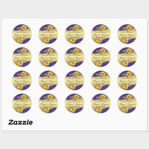 50th Anniversary Yellow Roses Purple Pansies Classic Round Sticker | Zazzle
