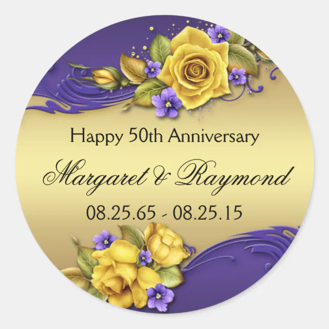50th Anniversary Yellow Roses Purple Pansies Classic Round Sticker | Zazzle