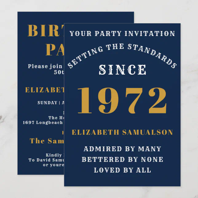 50th Birthday 1972 Add Your Name Blue Gold Invitation | Zazzle
